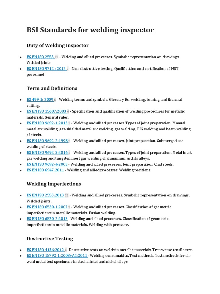 BSI Standards For Welding Inspector | PDF | Nondestructive Testing ...