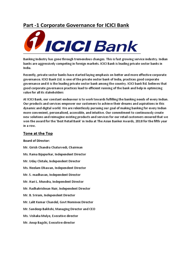 Corporate Governance Practices and Initiatives at ICICI Bank | PDF ...
