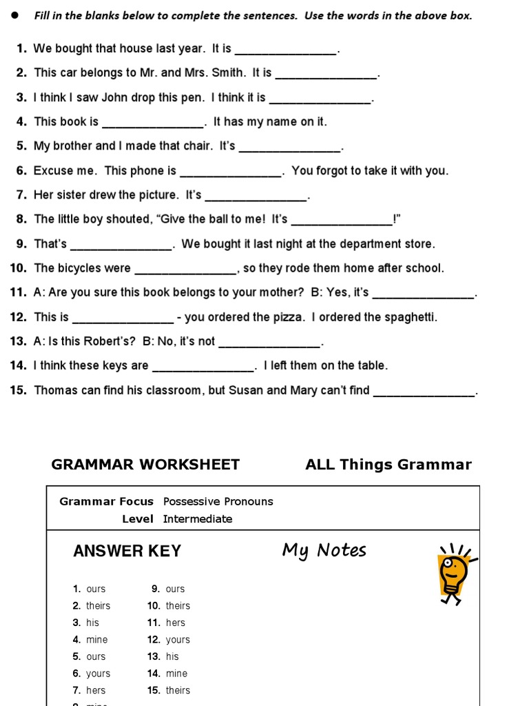 Possessive Pronouns: Grammar Worksheet | PDF | Onomastics | Language ...