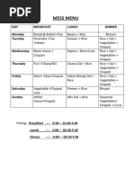 Mess Menu - Updated | PDF