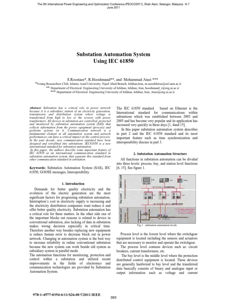 Substation Automation System Using Iec 61850 S Roostaee R Hooshmand And Mohammad Ataei Pdf