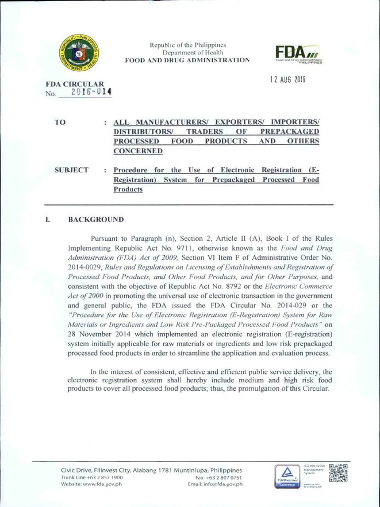 FDA Circular No. 2016-014 e-REGISTRATION ALL FOOD PRODUCTS PDF | PDF