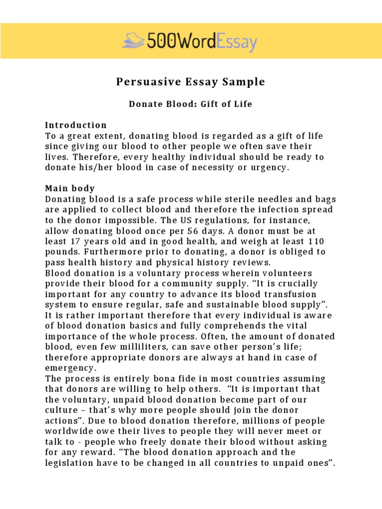 Persuasive Essay Sample: Donate Blood: Gift of Life | PDF