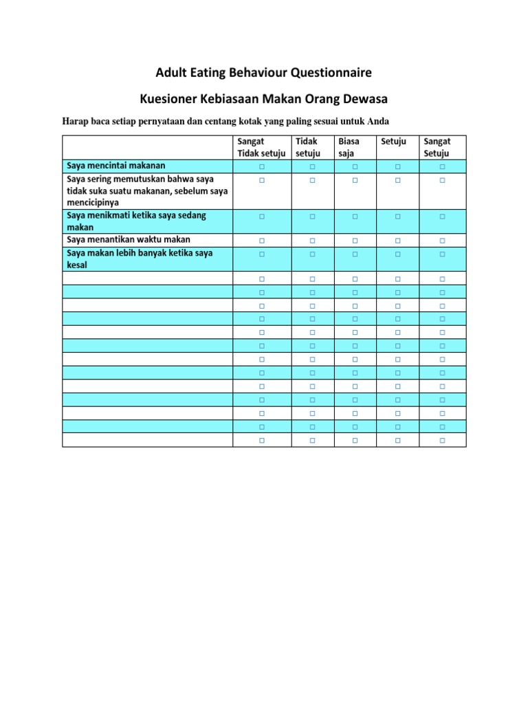Adult Eating Behaviour Questionnaire | PDF