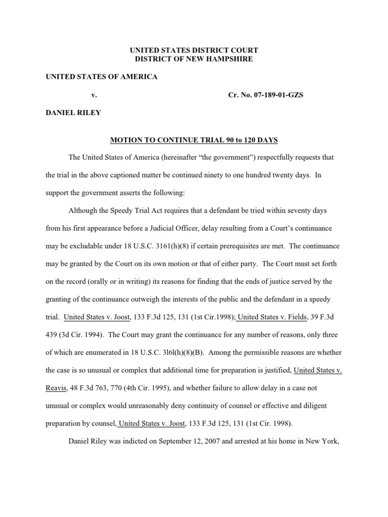 Federal District Court, Motion To Continue Trial | PDF | Continuance ...