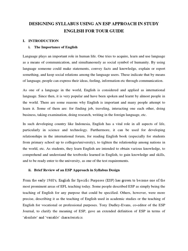 Designing Syllabus Using An Esp Approach in Study English For Tour ...