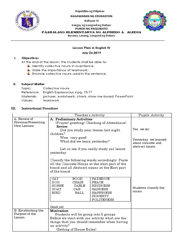 Grade 4 Collective Nouns Lesson Plan | PDF | Noun | Phrase