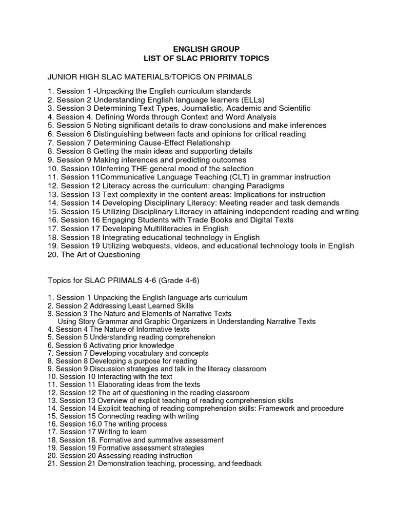 Junior High and Grades 4 6 Slac Topics | PDF | Reading Comprehension ...