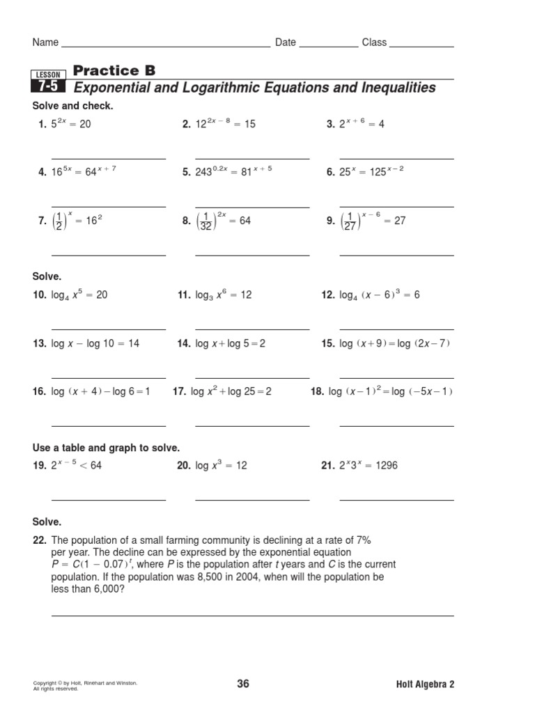 Practice B: Exponential and Logarithmic Equations and Inequalities ...