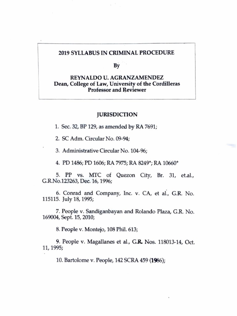 Dean Reynaldo U. Agranzamendez's 2019 Syllabus in Criminal Procedure ...