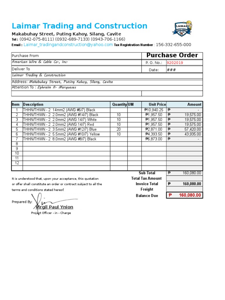 Laimar Trading and Construction: Purchase Order | PDF