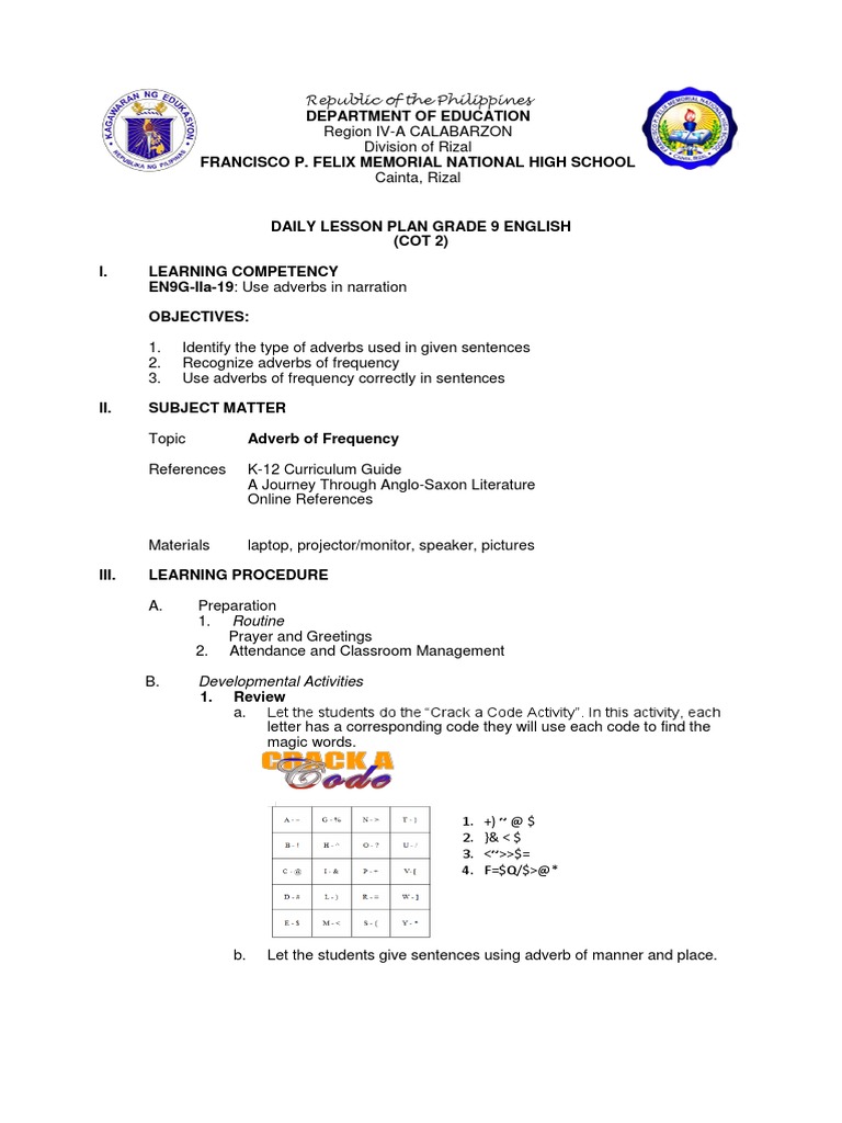 Lesson Plan Grade 9 English Cot2 | Lesson Plan | Adverb