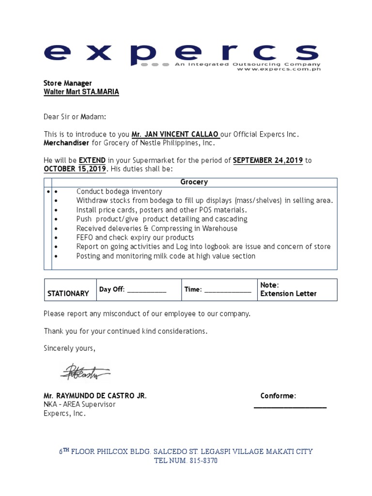 Extension Letter Expercs JAN VINCENT | PDF | Finance & Money Management ...