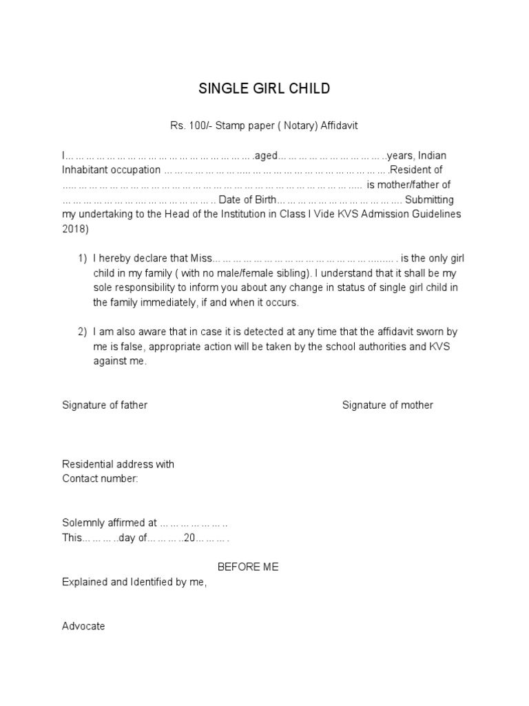Affidavit Format Single Girl Child PDF | Download Free PDF | Affidavit ...
