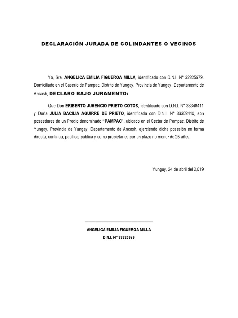 Declaración Jurada de Colindantes o Vecinos | PDF Declaración Jurada de Colindantes o Vecinos | PDF