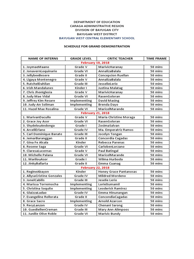 Teacher Demonstration Schedule | PDF