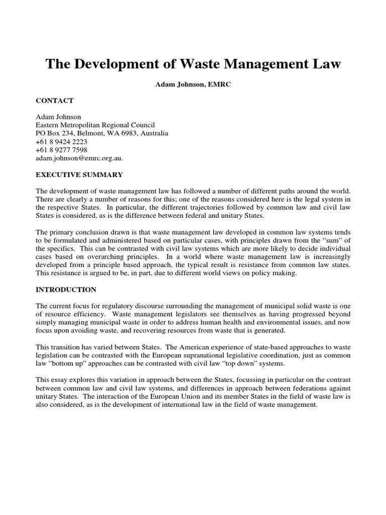 The Development of Waste Management Law: Adam Johnson, EMRC Contact ...