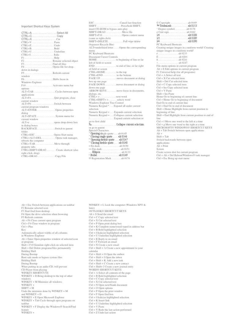 Important Shortcut Keys System | PDF | Computing Platforms | System Software