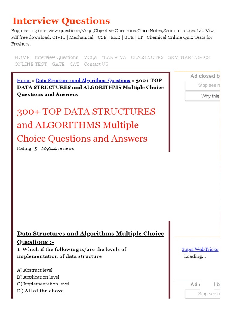 300+ TOP DATA STRUCTURES and ALGORITHMS MCQs 2019 | PDF | Array Data Structure | C (Programming ...