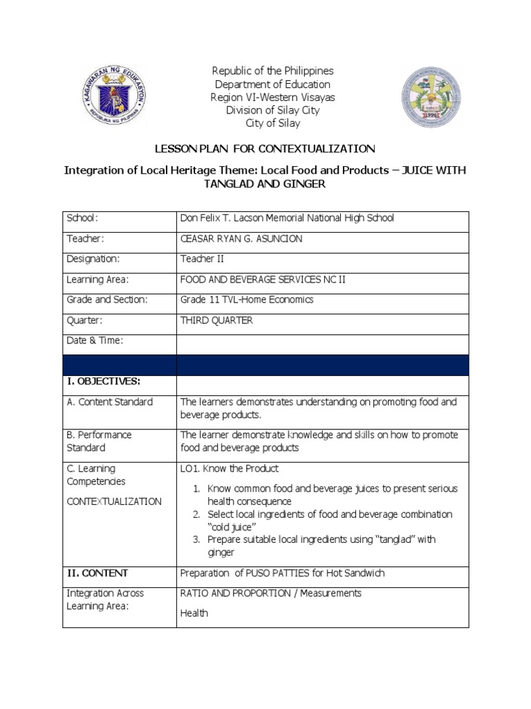 Lesson Plan For Contextualization Integration of Local Heritage Theme ...