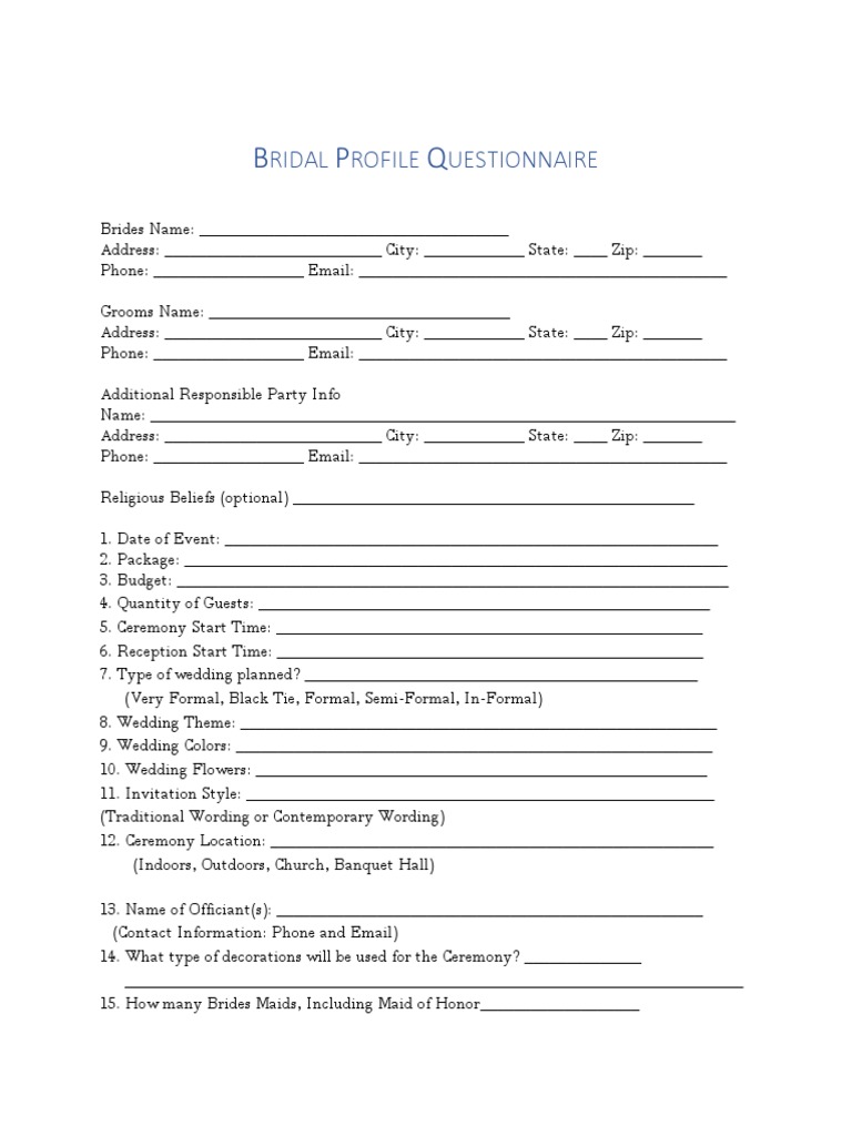 Bridal Profile Questionnaire | PDF | Wedding | Human Appearance