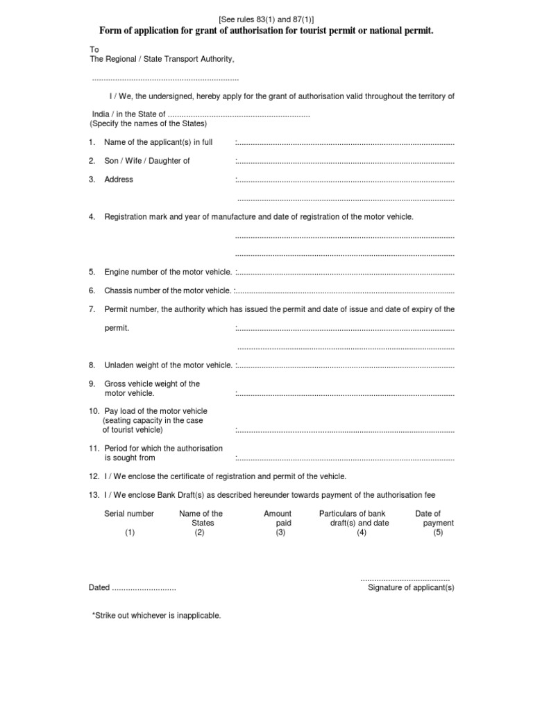 Form of Application For Grant of Authorisation For Tourist Permit or ...