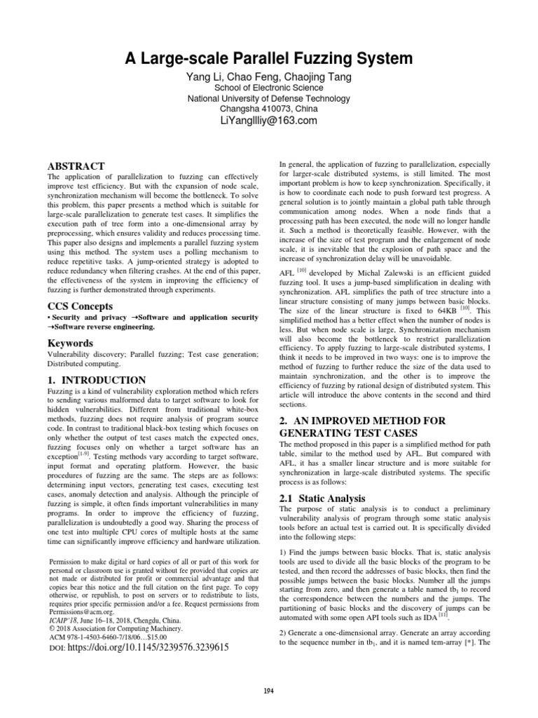 A Large-Scale Parallel Fuzzing System: Yang Li, Chao Feng, Chaojing ...