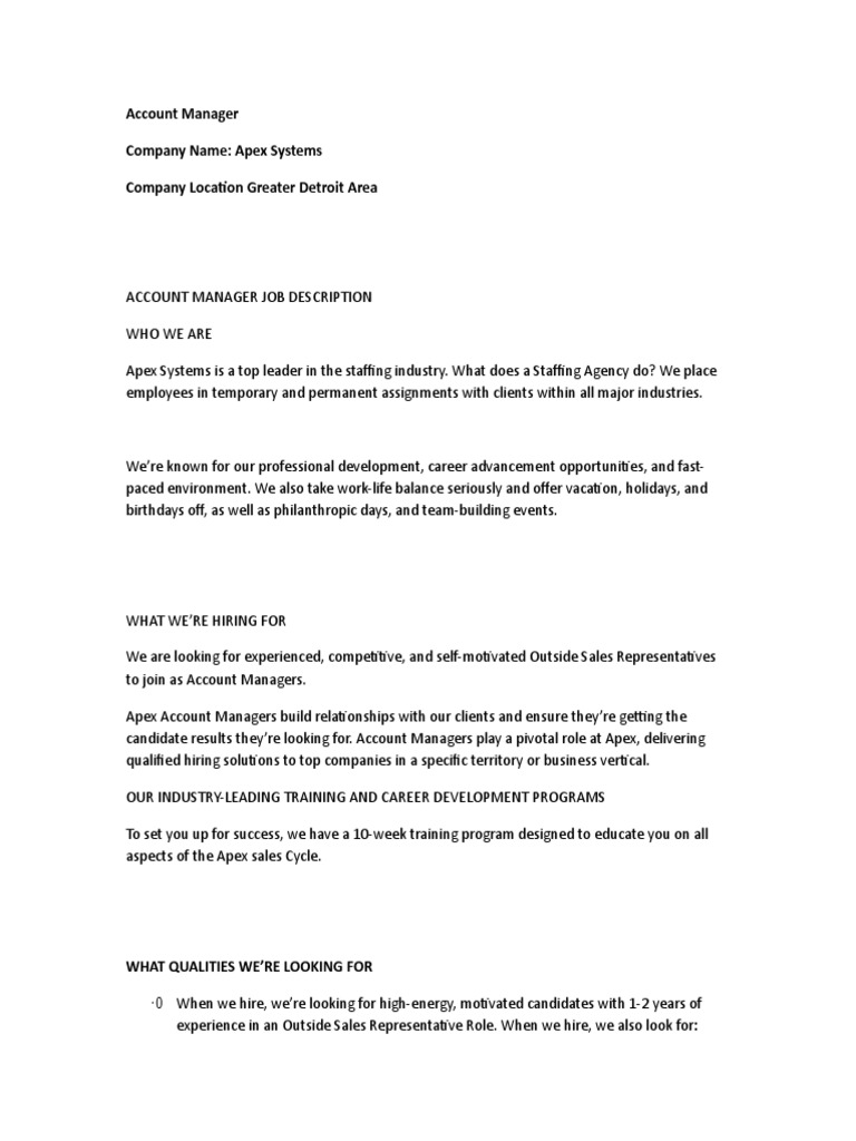 Apex Systems Account Manager Role | PDF | Career & Growth