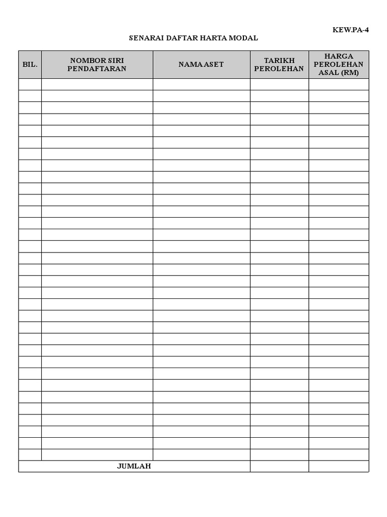 Borang KEW - Pa-4 - Senarai Harta Modal | PDF