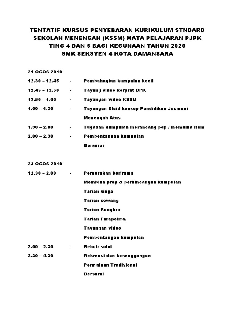 Tentatif Kursus Penyebaran Kurikulum Kd4 | PDF