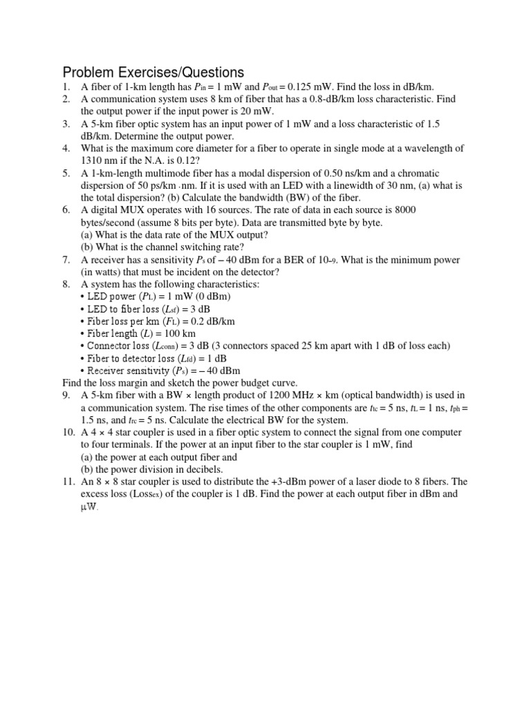 Problem Exercises of Fiber Optic | PDF