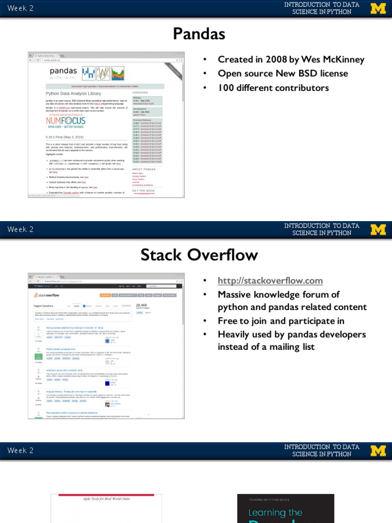 Pandas: Created in 2008 by Wes Mckinney Open Source New BSD License 100 Different Contributors ...