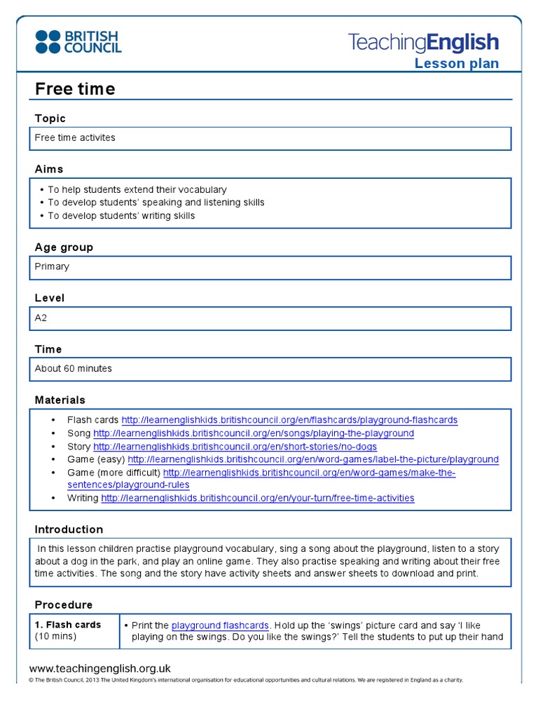 Free Time Activities Primary Level Lesson Plan | PDF | Lesson Plan ...