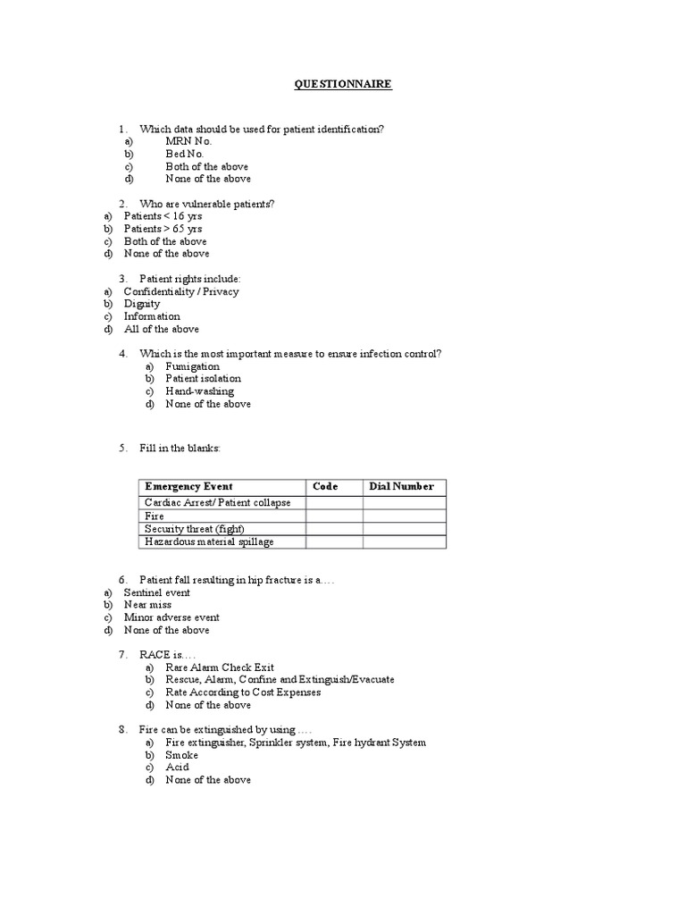 NABH Hand Hygiene Questionnaire | PDF | Hand | Hygiene