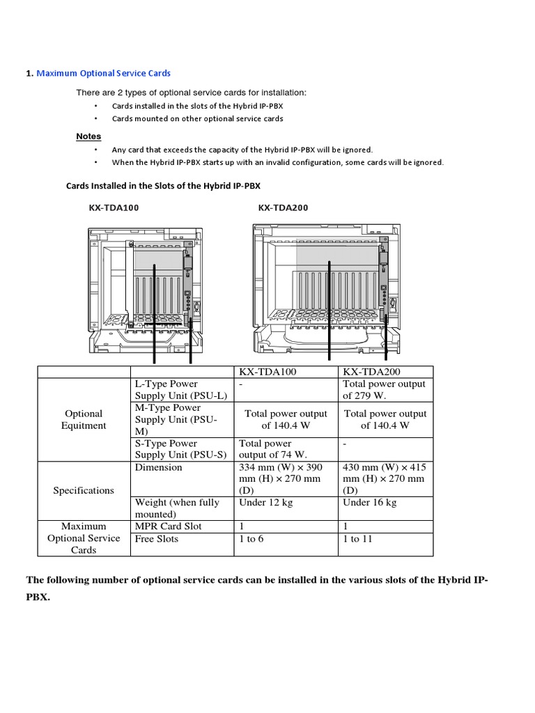 KX-TDA100 KX-TDA200: Maximum Optional Service Cards | PDF | Electrical ...