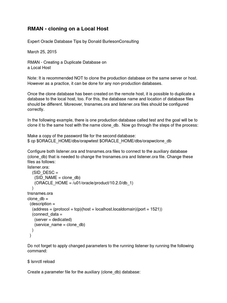 RMAN - Cloning On A Local Host | PDF | Oracle Database | Databases