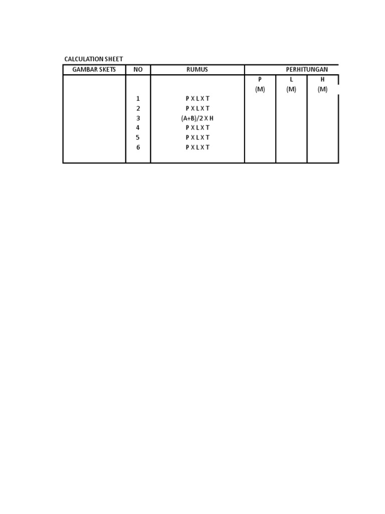 Calculation Sheet Gambar Skets NO Rumus Perhitungan P L H M M M 1