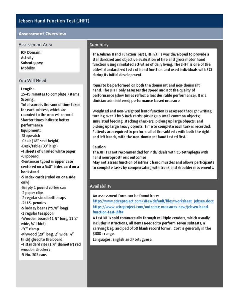 Jebsen Hand Function Test | PDF | Hand