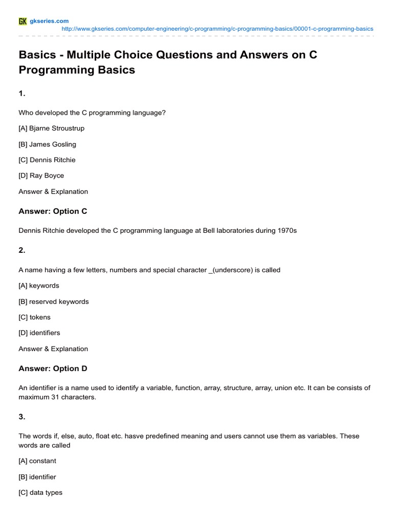 Basics 1 Multiple Choice Questions And Answers On C Programming Basics Pdf Pdf
