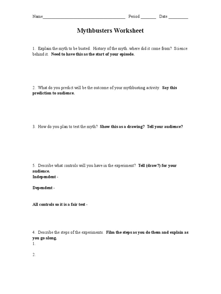 Mythbusters Worksheet: Prediction To Audience | PDF