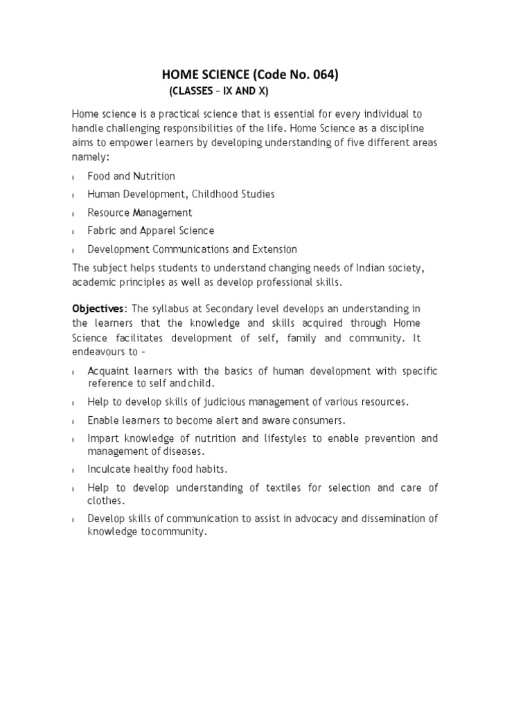 HOME SCIENCE (Code No. 064) : (Classes - Ix and X) | PDF | Foods | Home ...