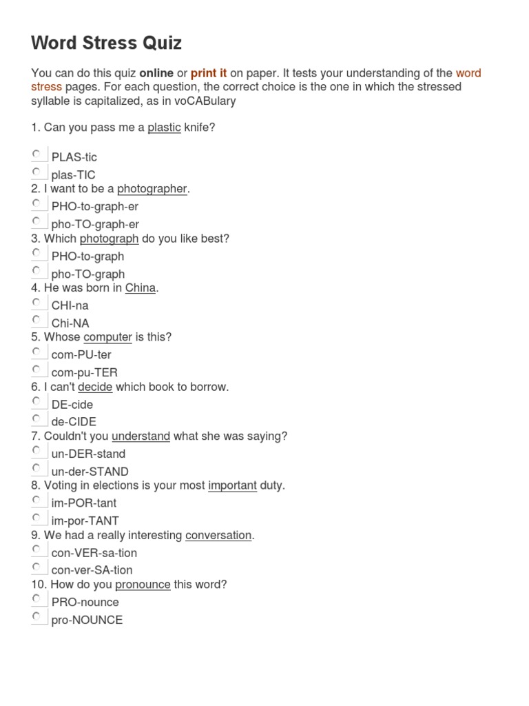 Word Stress Quiz | PDF | Games & Activities | Social Science