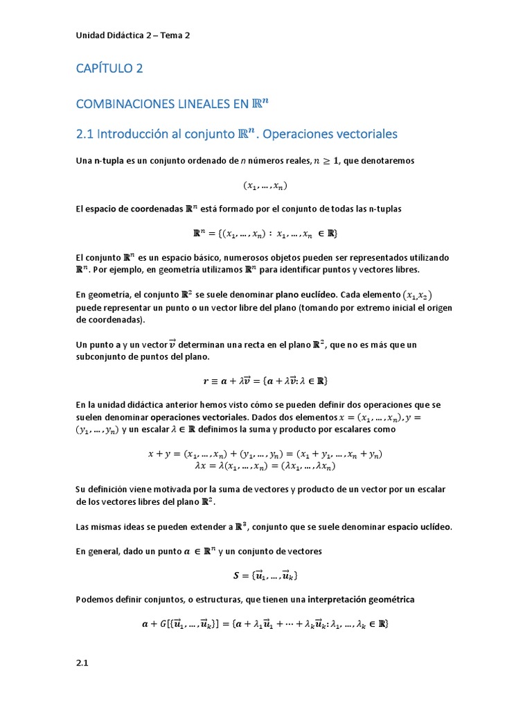 Ud2 t2 Combinaciones Lineales en RN | PDF | Espacio vectorial | Sistema de ecuaciones lineales
