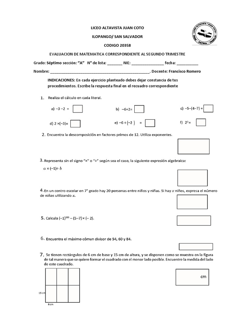 Examen Matematica Septimo Segundo Trimestre | PDF