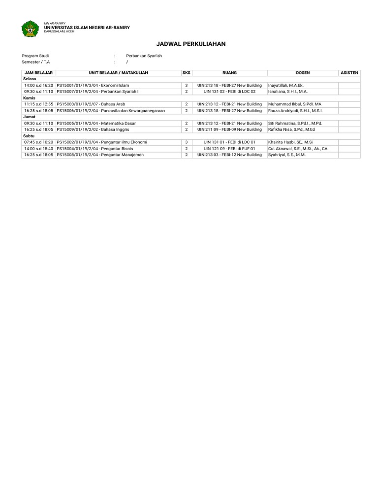 Roster Jadwal Perkuliahan | PDF