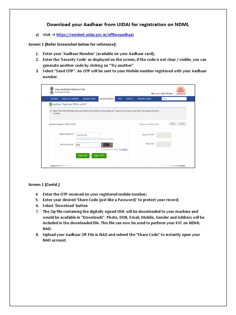Your Aadhaar From UIDAI For Registration On NDML: Screen 1 (Refer ...