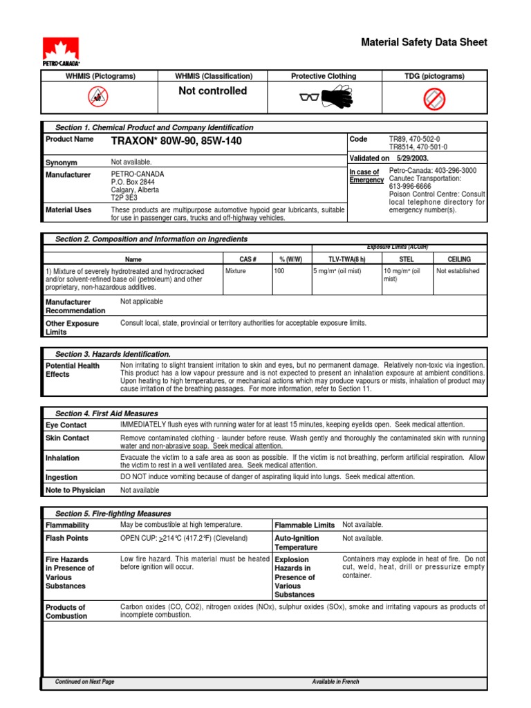 V80717 MSDS Petro Canada Axle Oil Traxon 80W90 | PDF | Toxicity ... V80717 MSDS Petro Canada Axle Oil Traxon 80W90 | PDF | Toxicity ...