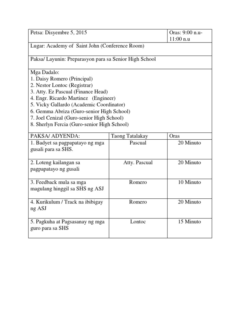 Halimbawa Ng Adyenda