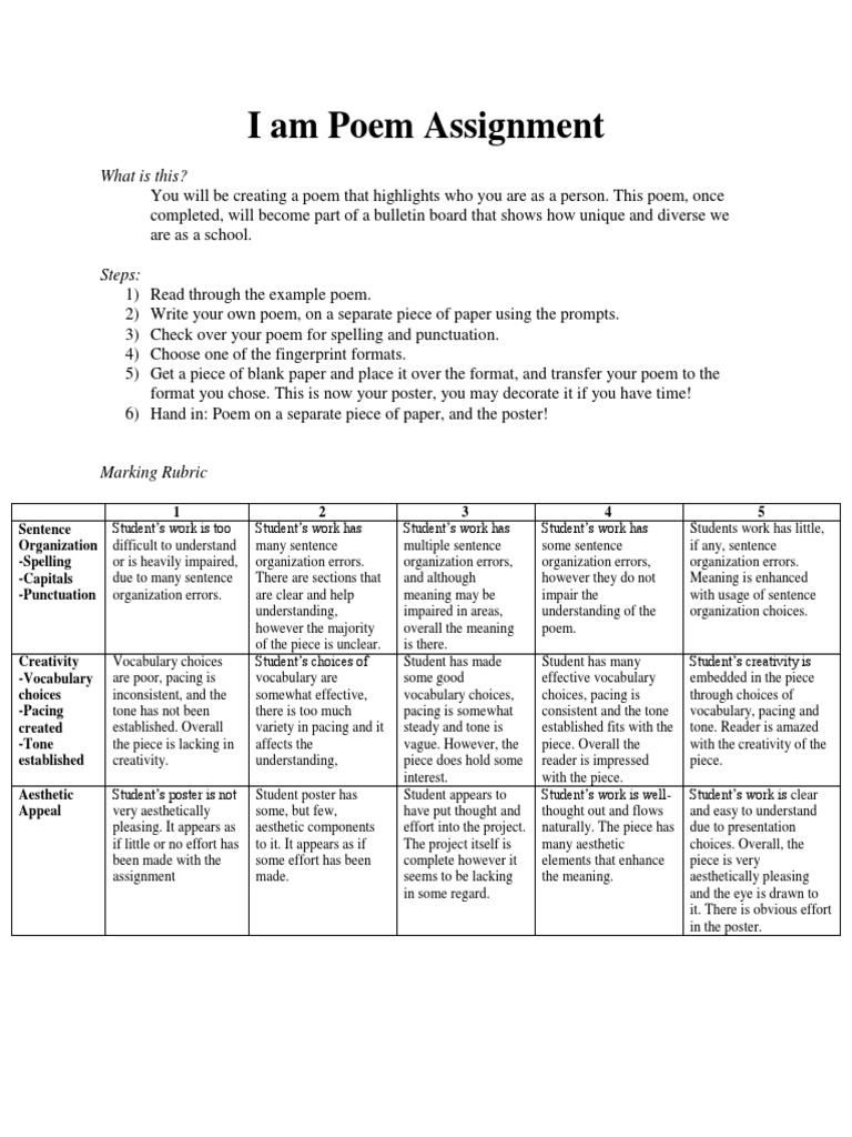 I Am Poem Assignment | PDF | Rubric (Academic)