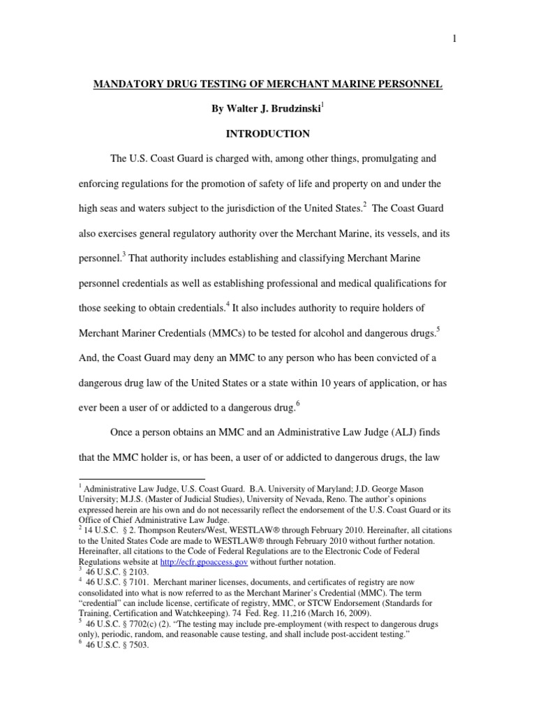 Mandatory Drug Testing of Merchant Marine Personnel by Walter J ...